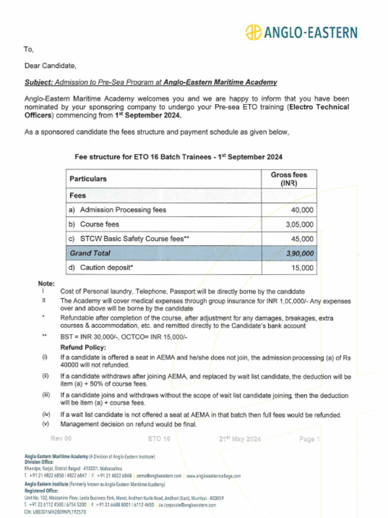 ETO 16 Fee Structure | PDF