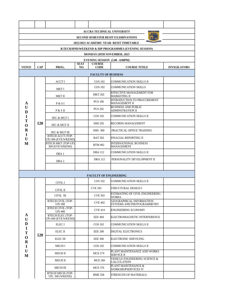 2022-2023 Academic Year Resit Timetable | PDF