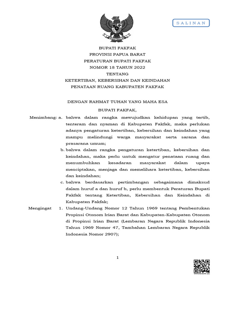 PERBUP FAKFAK NOMOR 18 TAHUN 2022 Tentang KETERTIBAN, KEBERSIHAN DAN ...