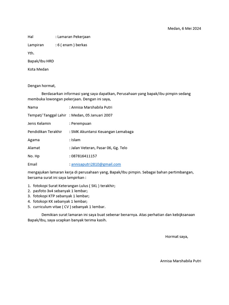 Annisa Marshabilla - Surat Lamaran Kerja | PDF