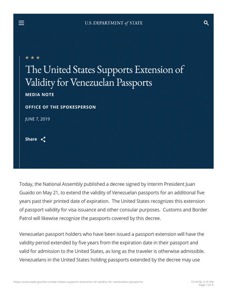 The United States Supports Extension of Validity For Venezuelan ...