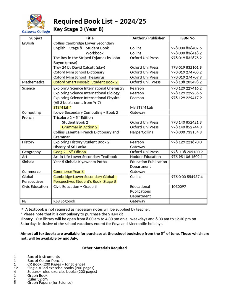 Yr8 Booklist 2024 25 | PDF