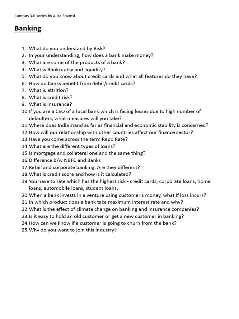 Banking Questions For Interviews | PDF