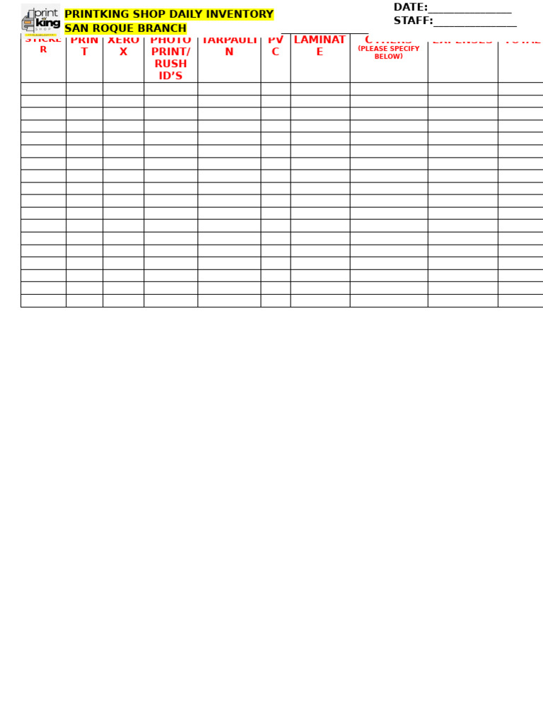 Daily Inventory for PrintKing Shop | PDF