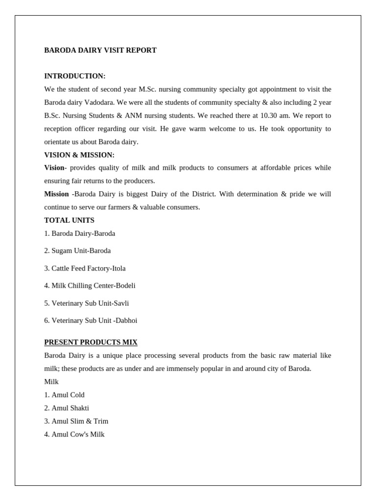 Baroda Dairy Visit Report | PDF