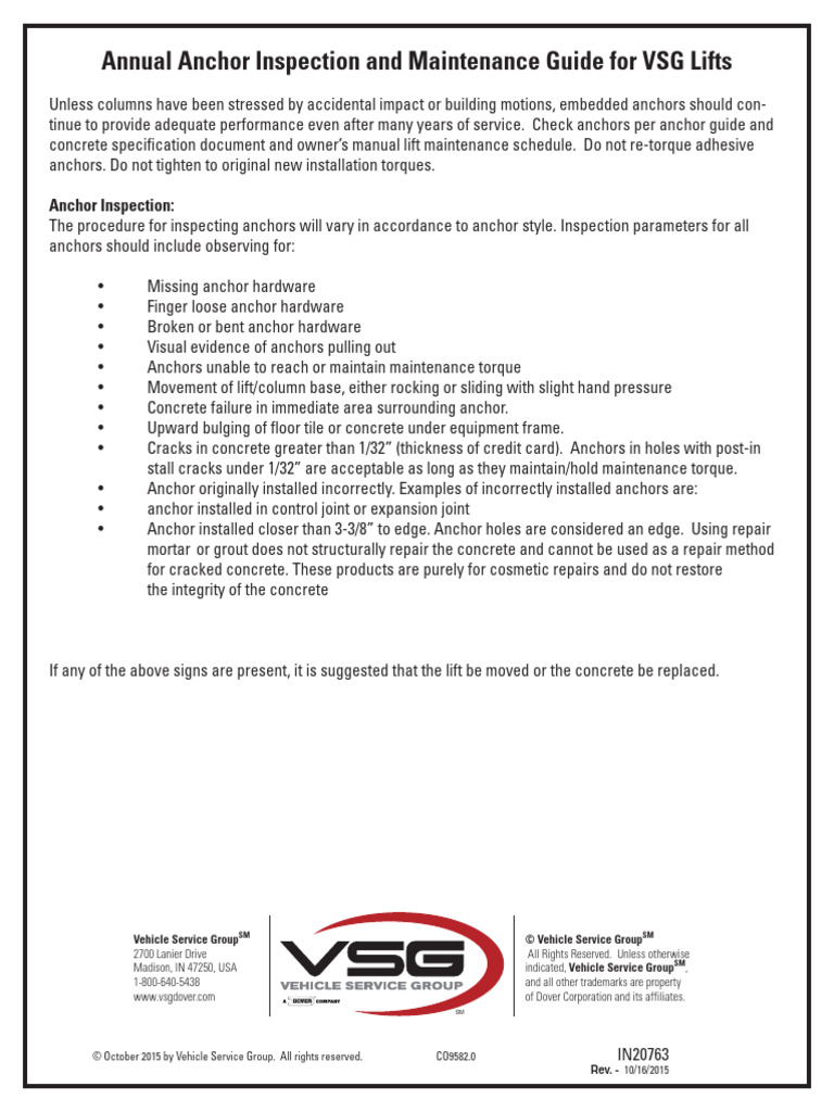 IN20763 Annual Anchor Inspection and Maintenance For VSG Lifts | PDF