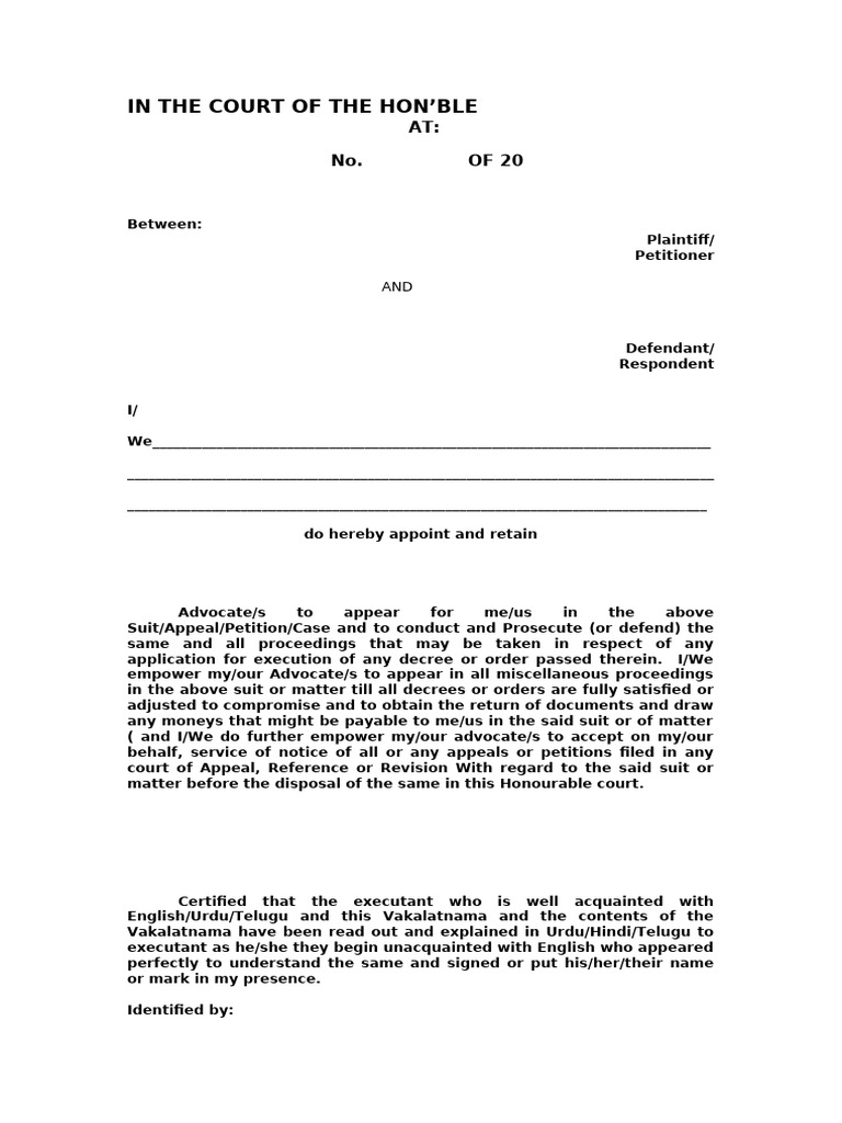 Vakalatnama Template for Court Use | PDF | Lawsuit | Finance & Money ...
