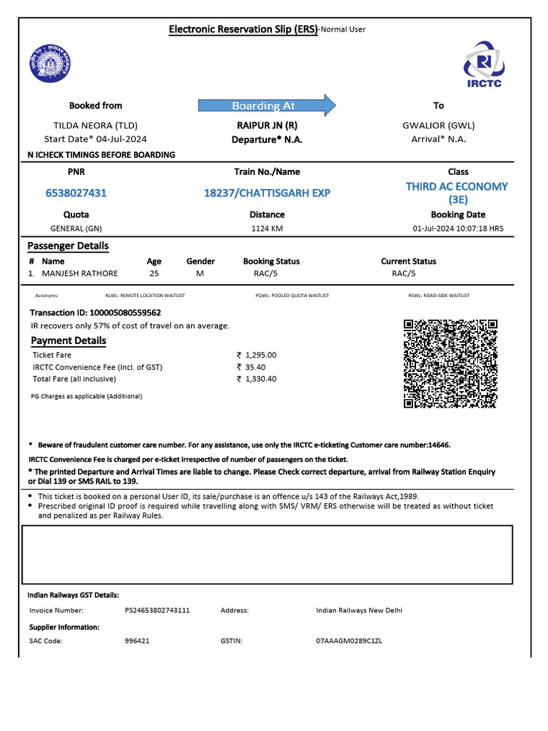 Raipur To Gwalior Ticket | PDF | Rail Transport