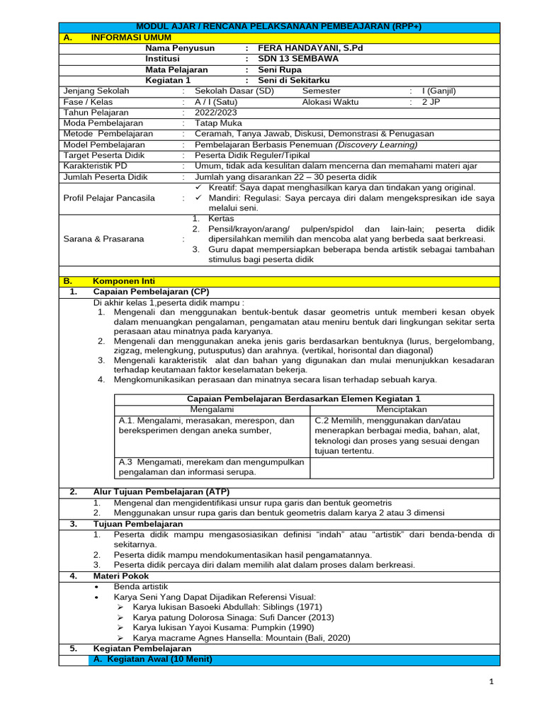 Modul Seni Rupa KLS I SMS 1 | PDF