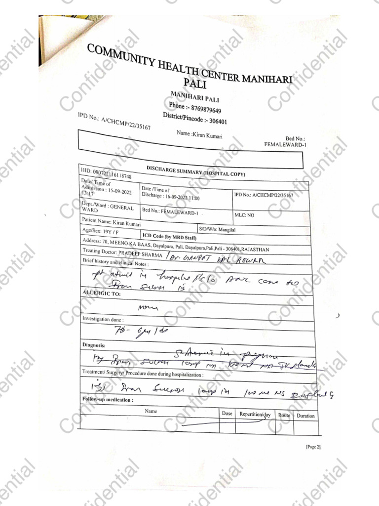Kiran Kumari Discharge Ticket | PDF | Health Care | Medicine