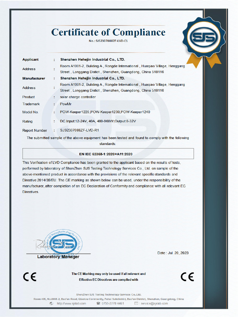 太阳能控制器 CE-LVD 证书 | PDF