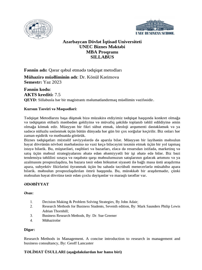 Tədqiqat Metod - Sillabus | PDF