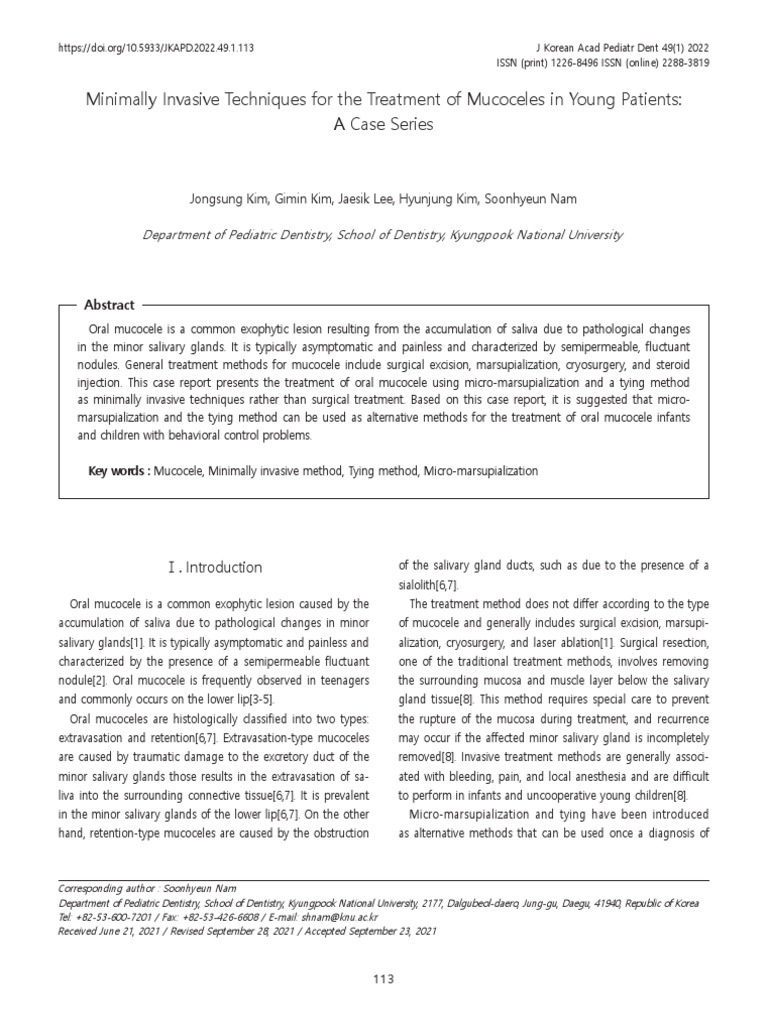 Minimally Invasive Techniques For The Treatment of Mucoceles in Young ...