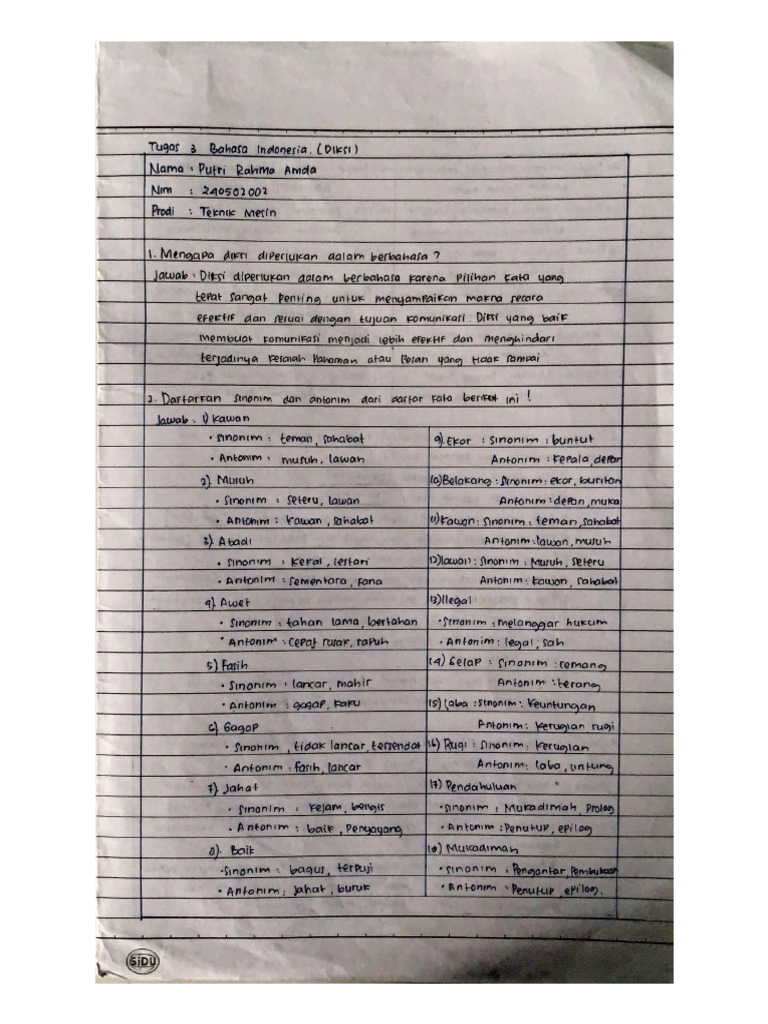 Putri Rahma Amda_240502002_Tugas 3 Bahasa Indonesia (DIKSI) | PDF
