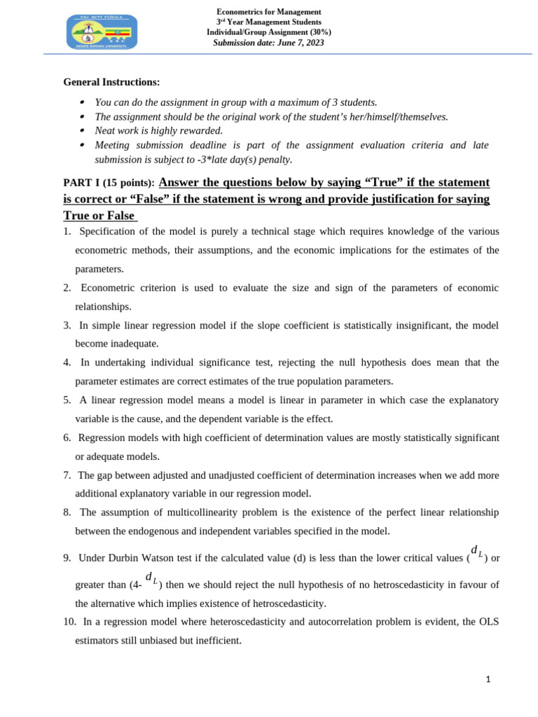 Economterics Assignment MGT 2023 | PDF