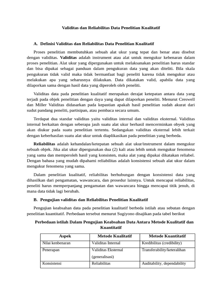 Validitas Dan Reliabilitas Data Penelitian Kualitatif | PDF