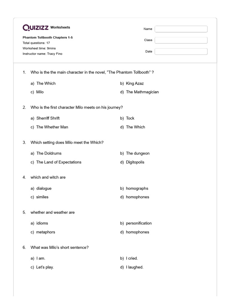 Phantom Tollbooth Chapters 1-5 - Quizizz | PDF