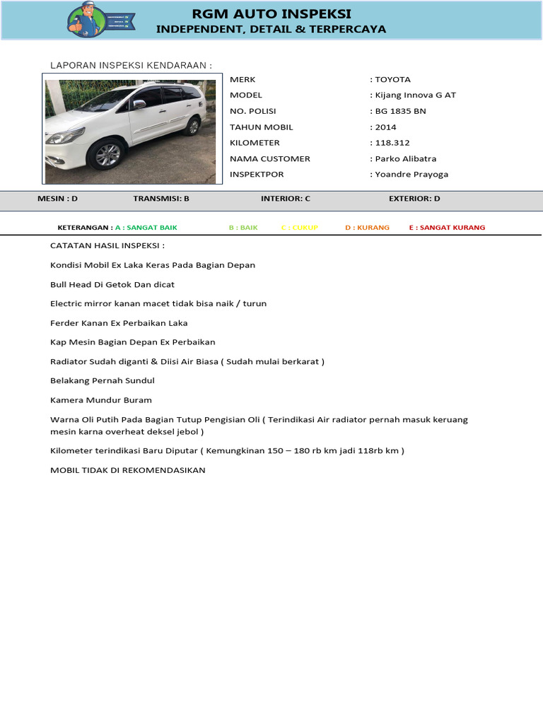 FORM LAPORAN INSPEKSI MOBIL BEKAS RGM INSPEKSI | PDF