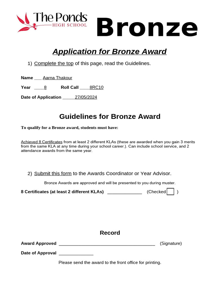 Bronze Award Application | PDF