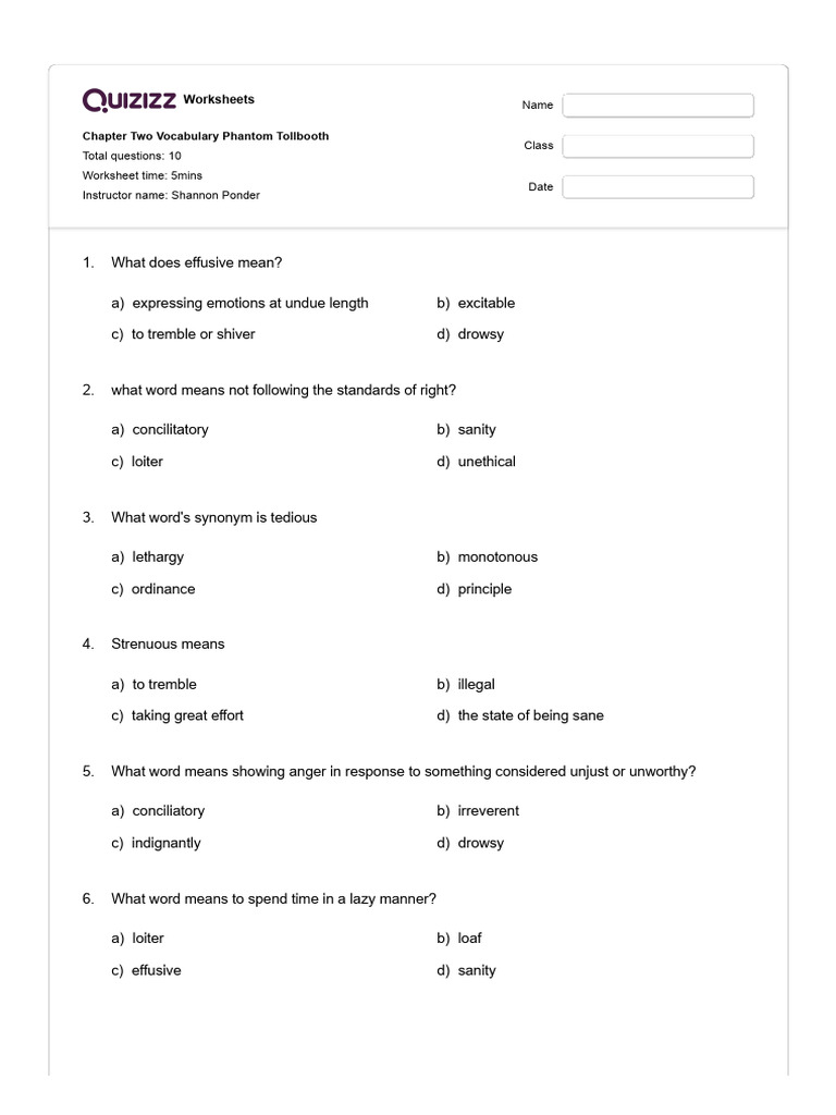 Chapter Two Vocabulary Phantom Tollbooth _ Quizizz | PDF