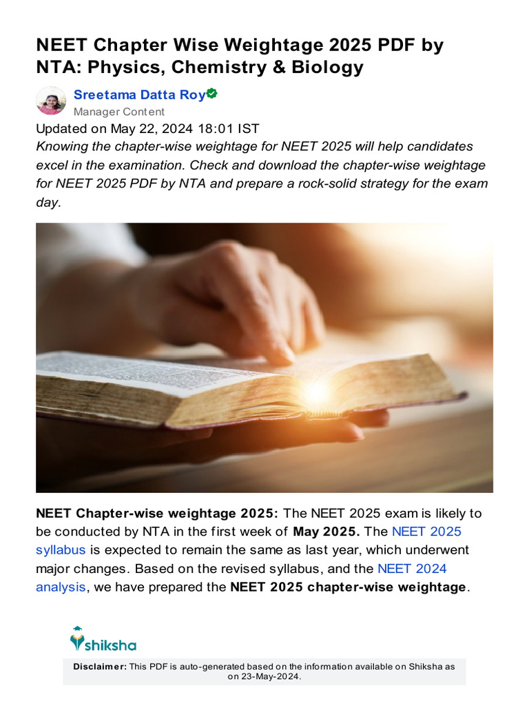 NEET Chapter Wise Weightage 2025 PDF by NTA: Physics, Chemistry & Biology | PDF