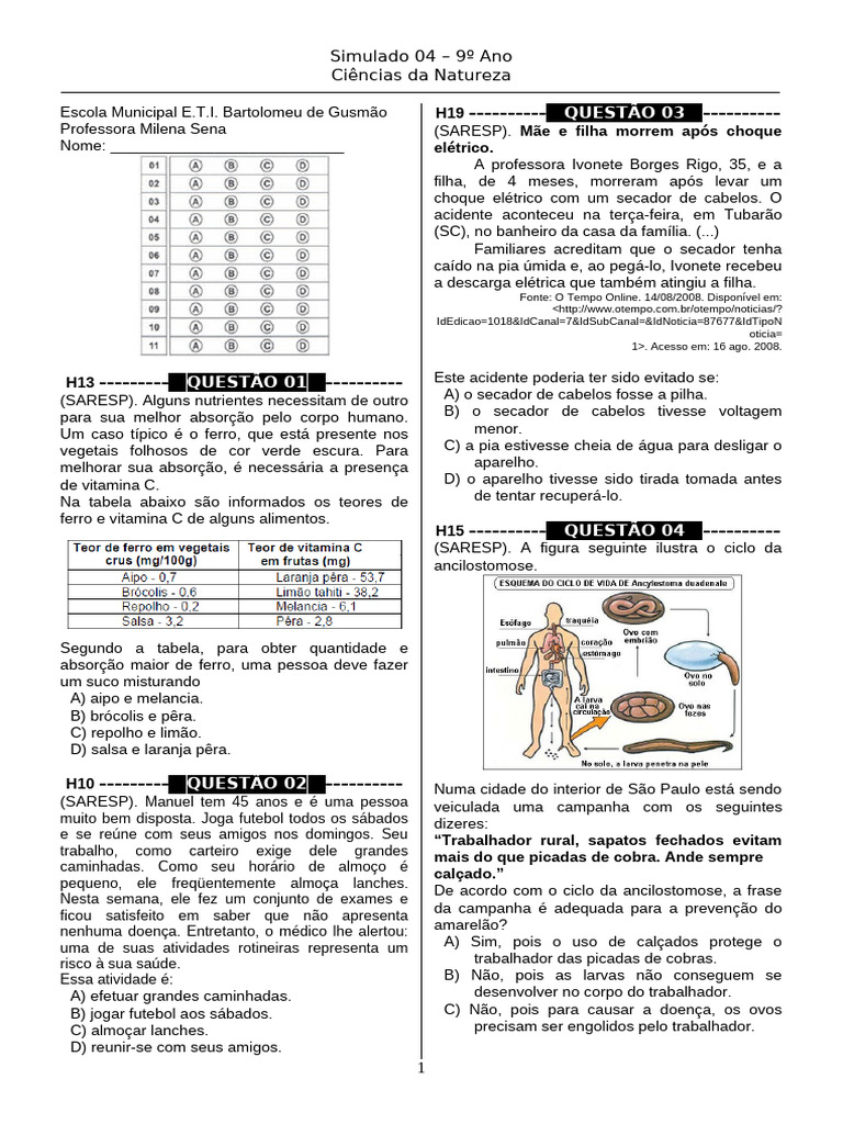 Simulado 04 - Ciências | PDF