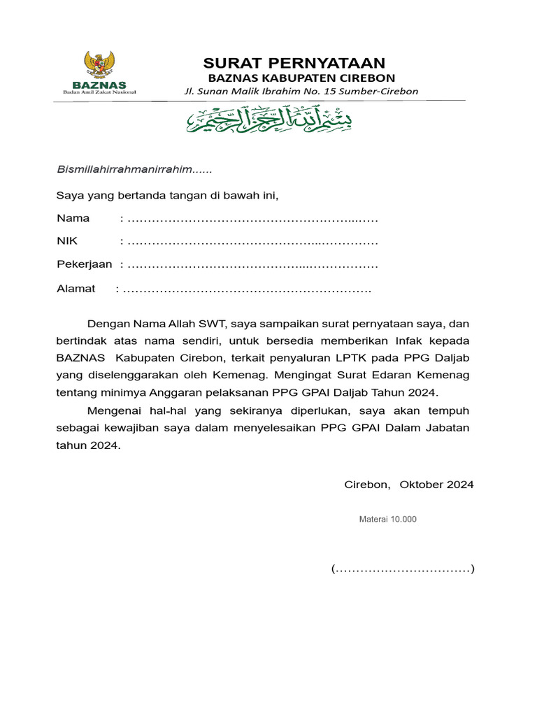 Draft Surat Pernyataan - 1 | PDF