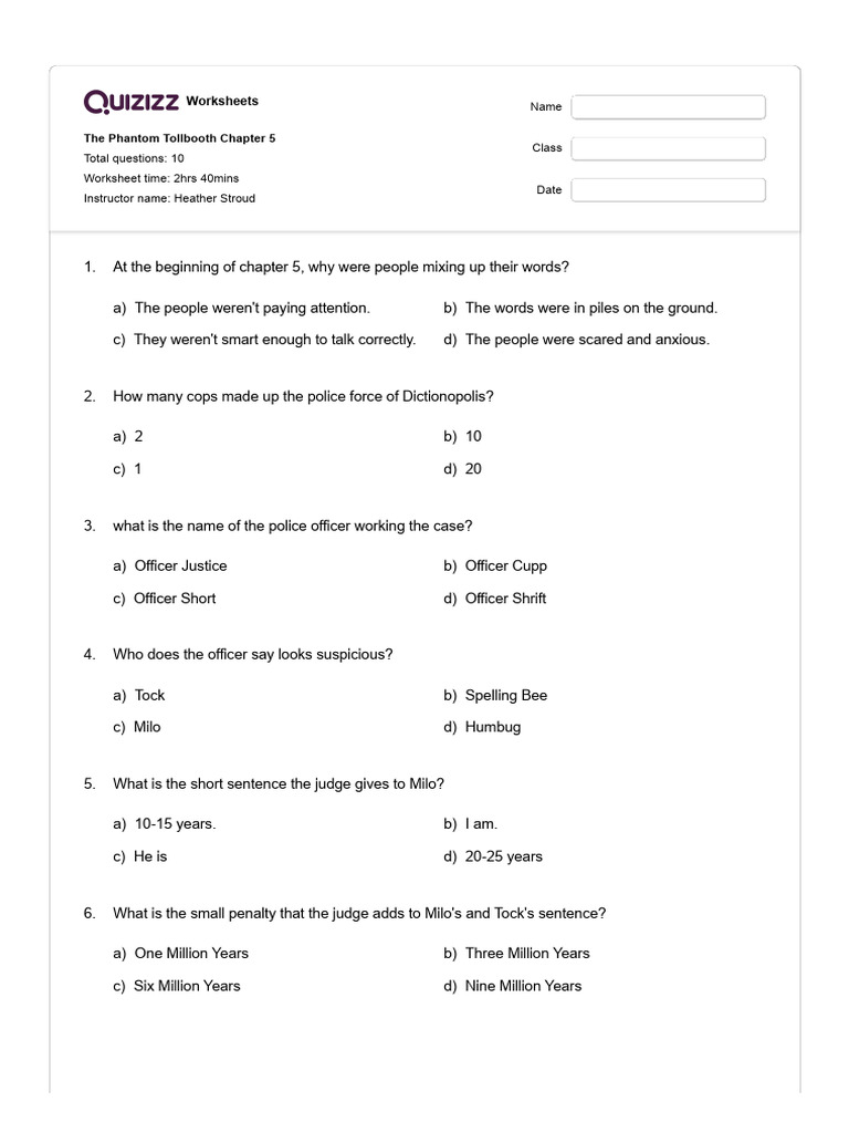 The Phantom Tollbooth Chapter 5 _ Quizizz | PDF