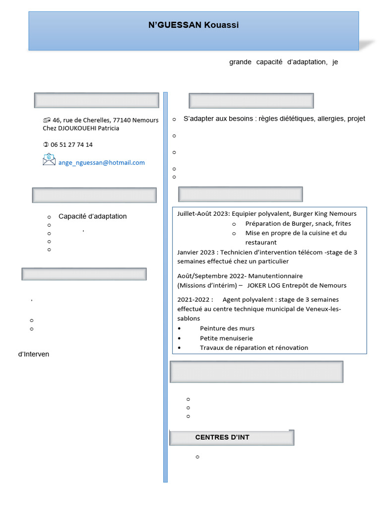 CV Agent de Restauration N'Guessan | PDF