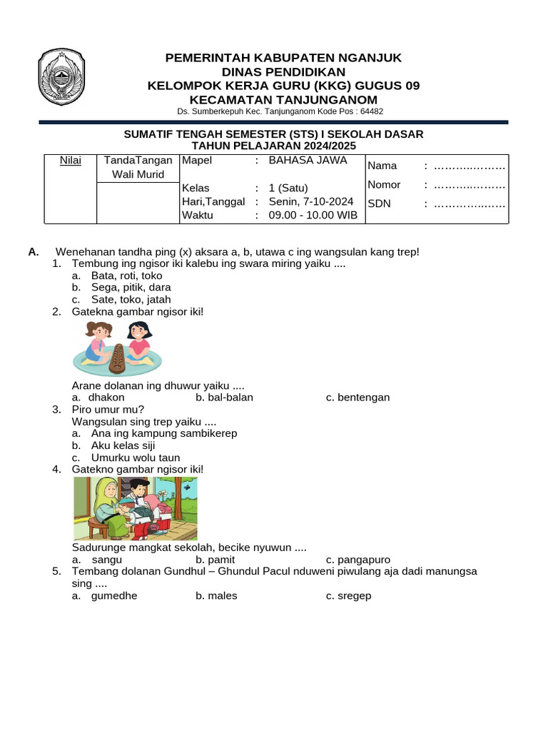 Soal STS BHS Jawa KLS 1 2024-2025 | PDF