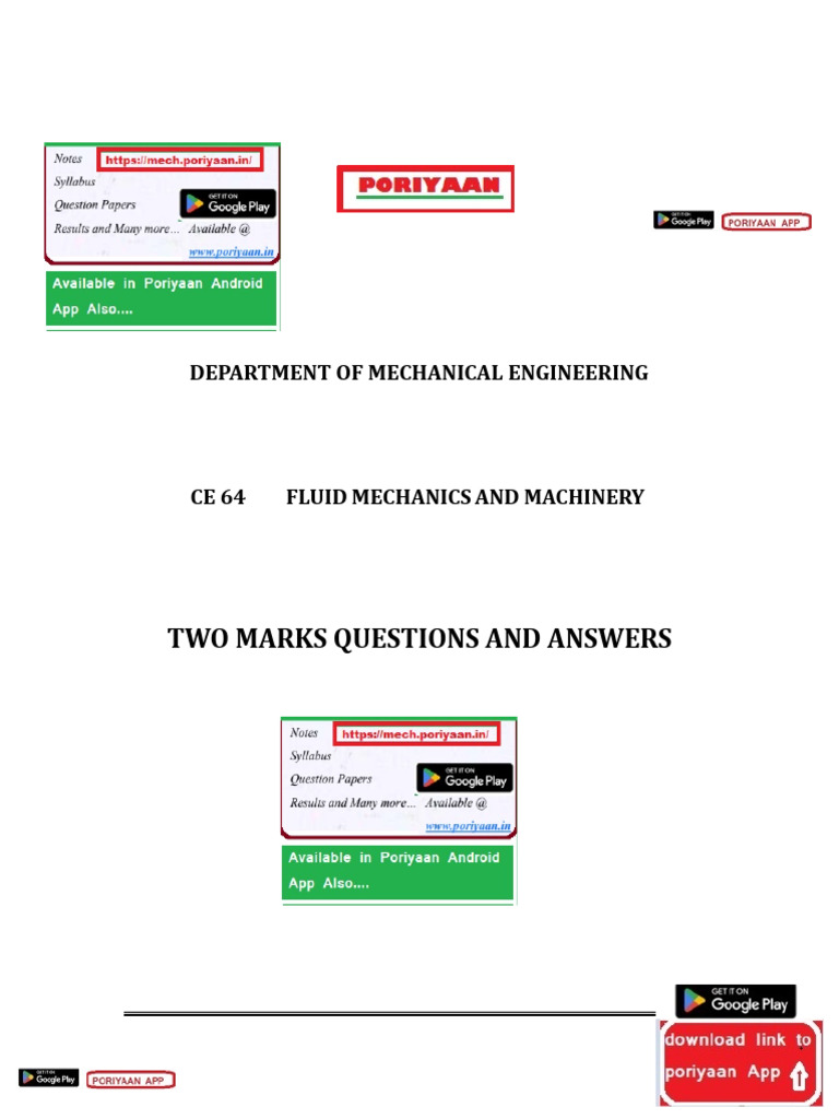 CE3391 Fluid Mechanics and Machinery 2 Marks Questions and Answers | PDF