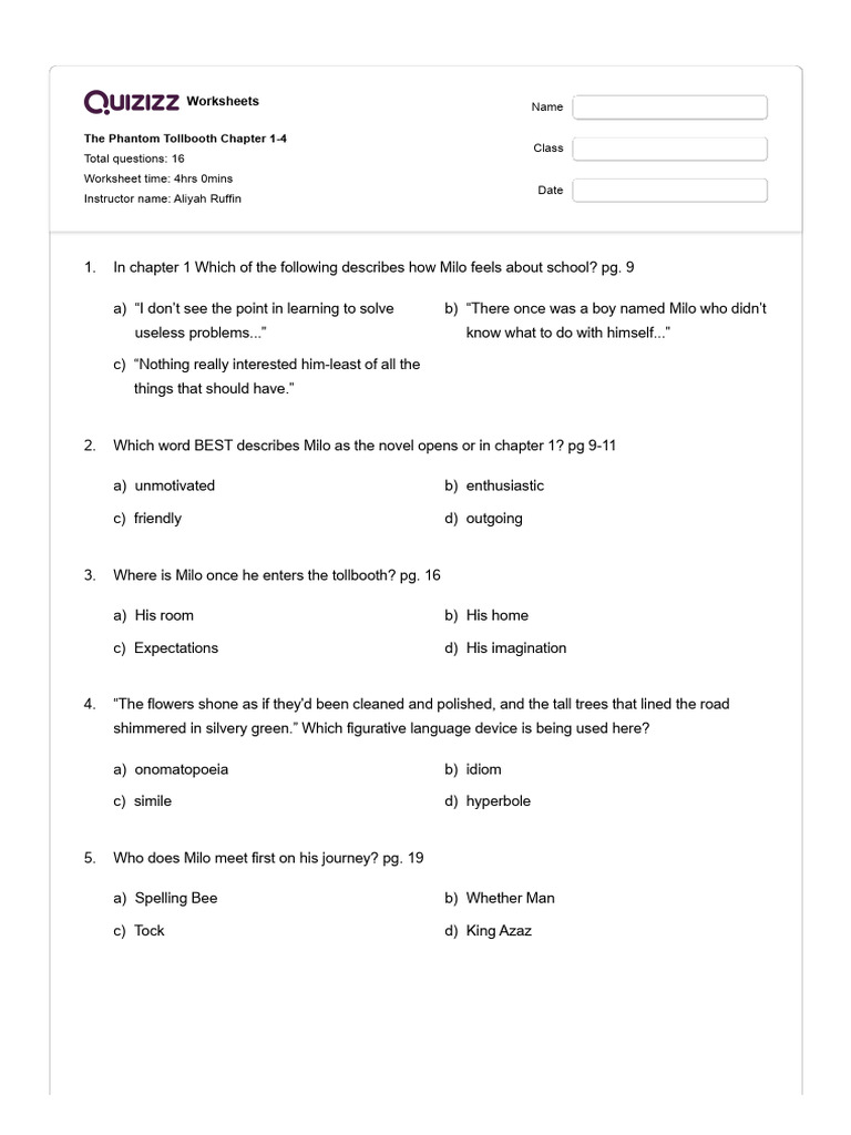 The Phantom Tollbooth Chapter 1-4 - Quizizz | PDF