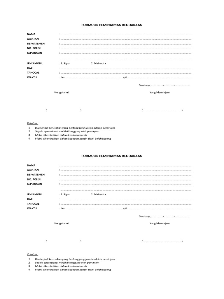 Form Peminjaman Kendaraan | PDF