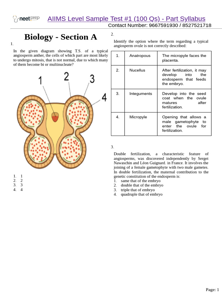 AIIMS Level Sample Test #1 (100 QS) - Part Syllabus | PDF AIIMS Level Sample Test #1 (100 QS) - Part Syllabus | PDF