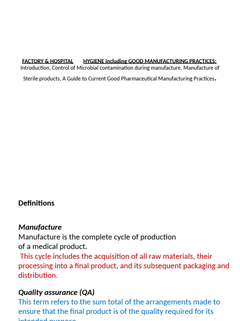 Factory & Hospital Hygiene Including Good Manufacturing Practices | PDF