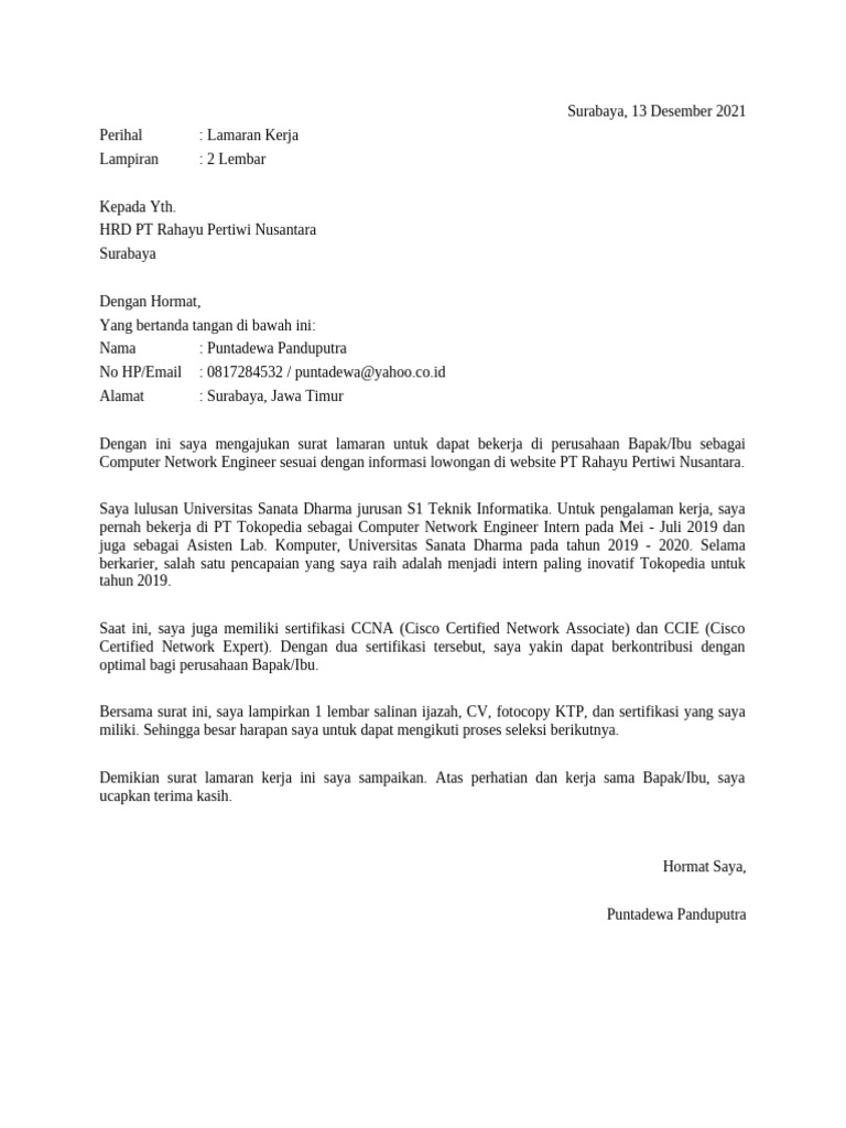 Template Cover Letter Bhs Indonesia 2 | PDF