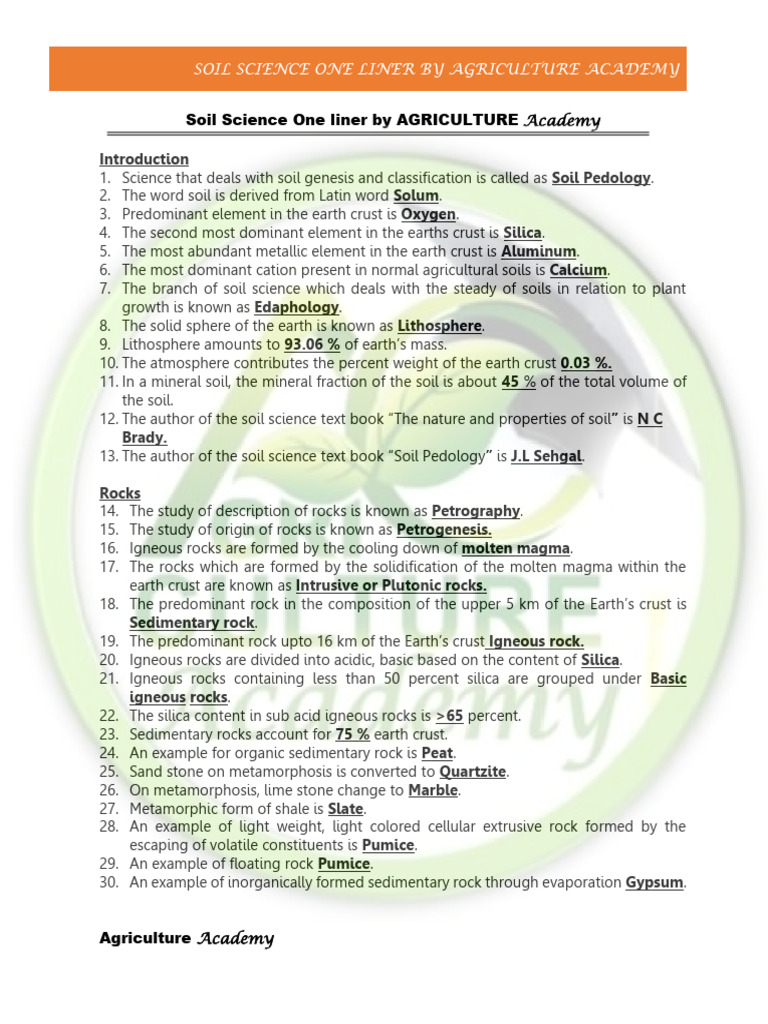Soil Science One Liner by AGRICULTURE Academy. | PDF
