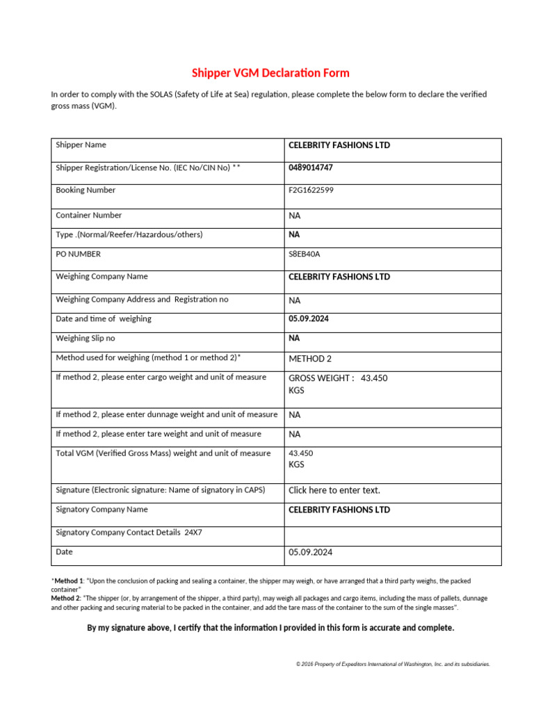 VGM Declaration Form CFLM151 | PDF