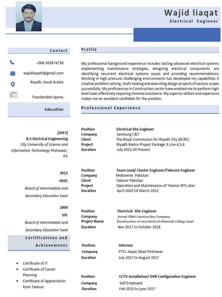 Electrical Engr Wajid Liaqat CV | PDF