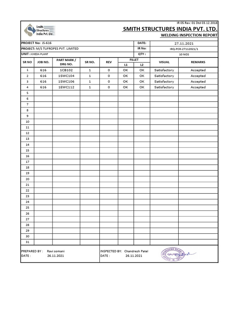JS-616 7 in Process Welding Inspection Report | PDF