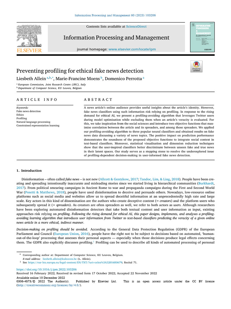 Preventing Profiling For Ethical Fake News Detection | PDF