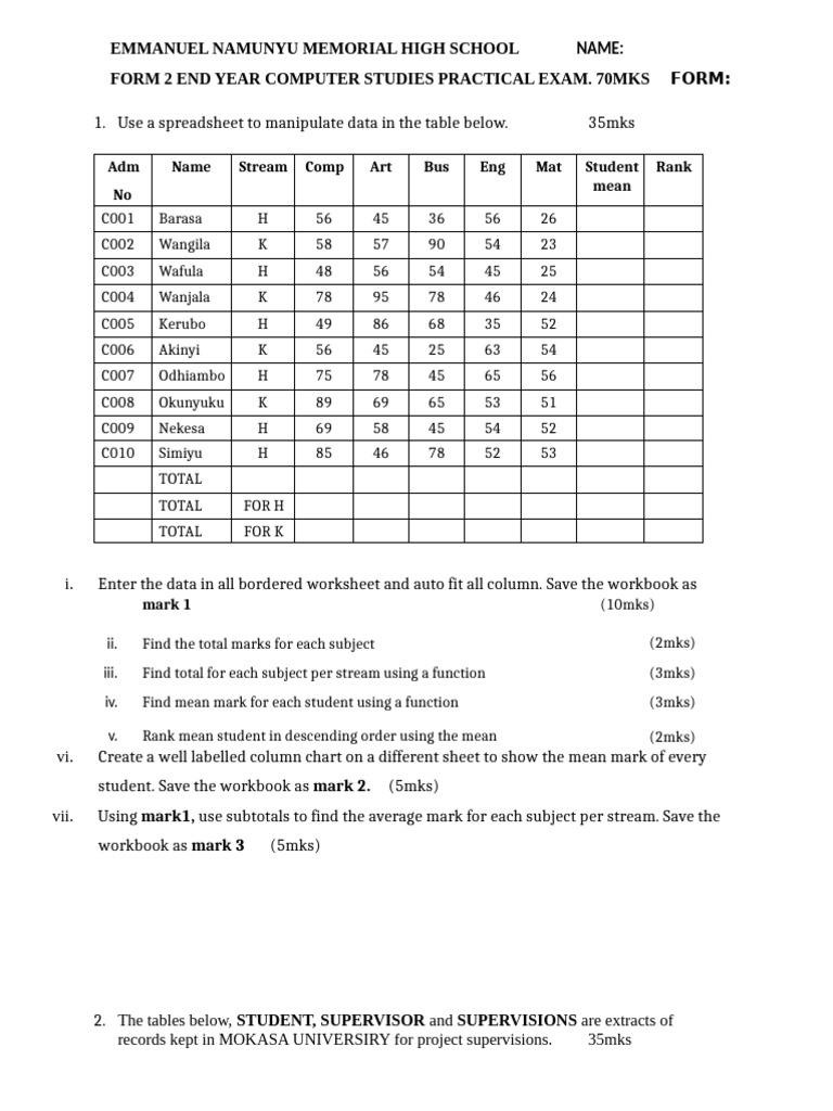 Form 2 End Yr Practical Exam | PDF