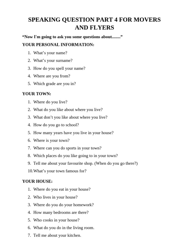 SPEAKING QUESTION FOR MOVERS AND FLYERS | PDF