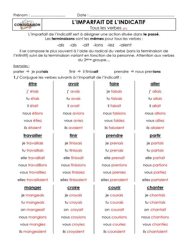 L'Imparfait de L'Indicatif: Tous Les Verbes | PDF