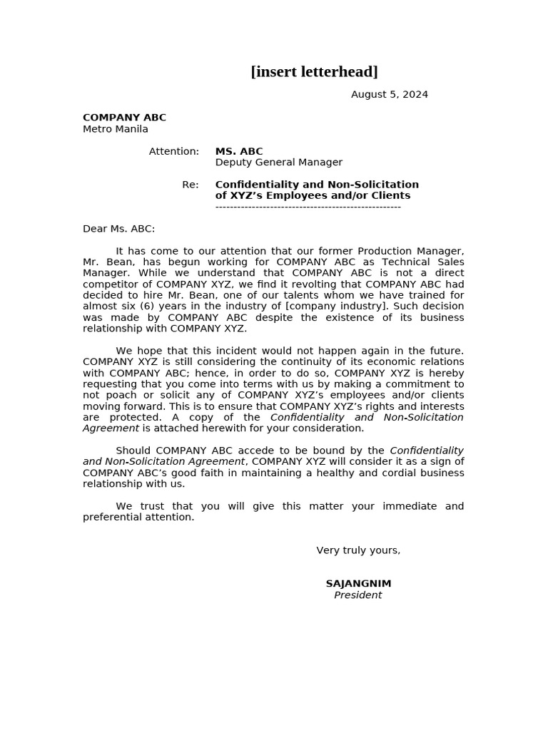 Sample Letter (Non-Compete and Non-Poaching) | PDF