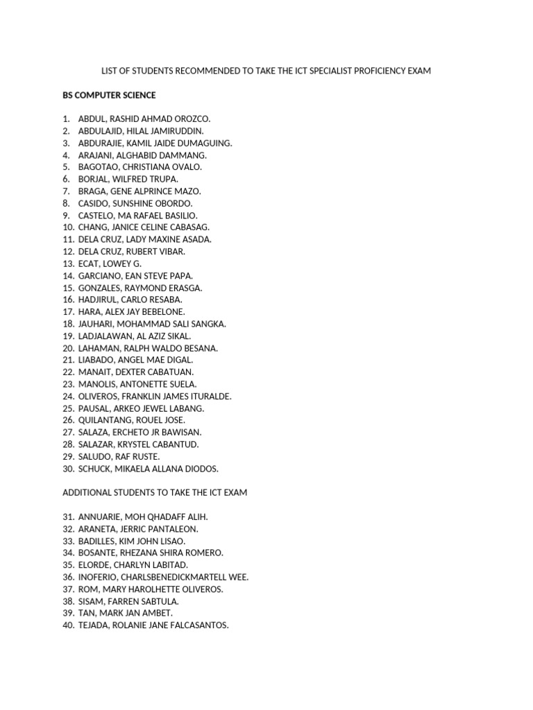List of Students Recommended To Take The Ict Specialist Proficiency ...