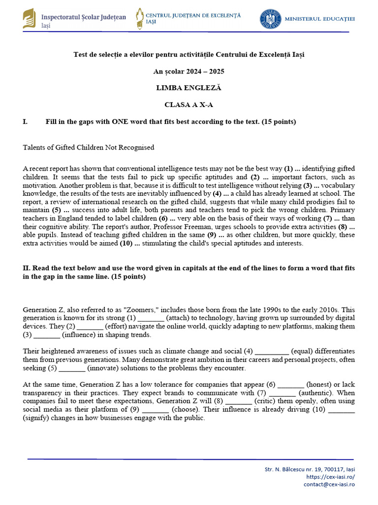 Subiect Barem engleza-CEX 2024 Clasax | PDF