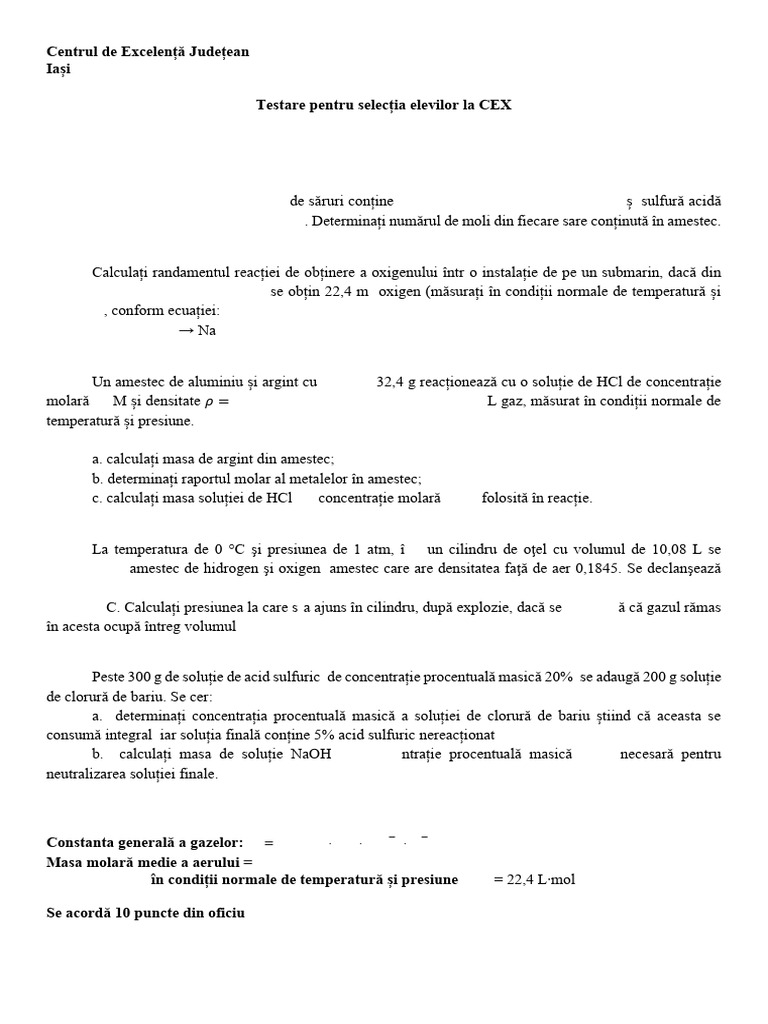 Subiect - Barem Clasa 10 Selectie CEX Chimie - 2024 | PDF