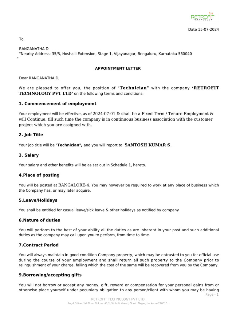 Appointment Letter | PDF