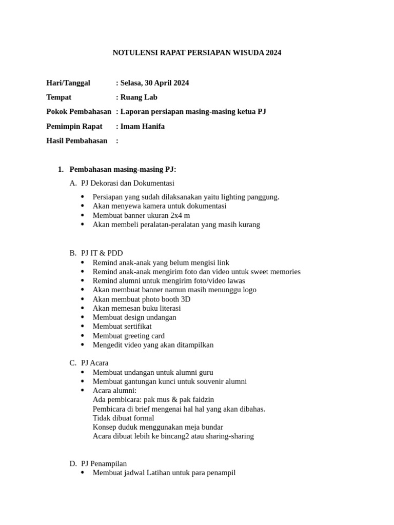 Notulensi Rapat Persiapan Wisuda 2024 | PDF